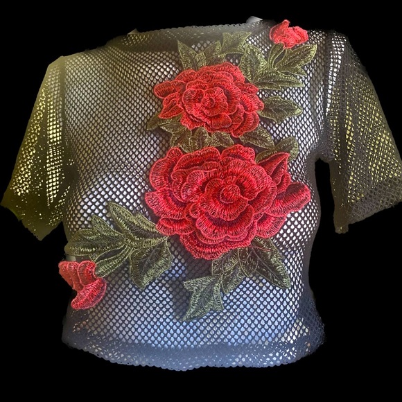 Windsor | Tops | Ladies Rose Appliqu Black Net Mesh Crop Top Punk Horn ...